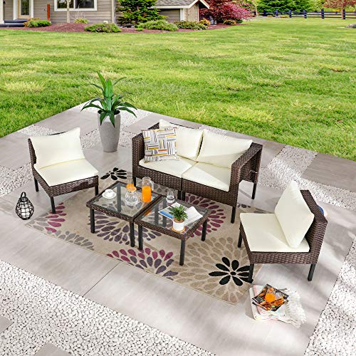 LOKATSE HOME 6 Pieces Patio Furniture Outdoor All Weather Wicker Conversation Sets with Brown Rattan Sofa Chair, Cushions and Coffee Glass Table, Beige