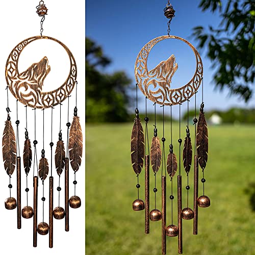 VP Home 27.5" H Rustic Copper Tribal Wolf Dream Catcher Wind Chimes for Outside Unique Dreamcatcher Wolf Windchimes Outdoor Decoration Garden Decor Wolf Wind Chime Gift for Women, Mom, Grandma, Unisex