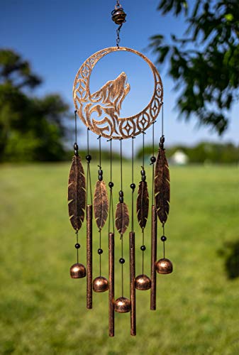 VP Home 27.5" H Rustic Copper Tribal Wolf Dream Catcher Wind Chimes for Outside Unique Dreamcatcher Wolf Windchimes Outdoor Decoration Garden Decor Wolf Wind Chime Gift for Women, Mom, Grandma, Unisex