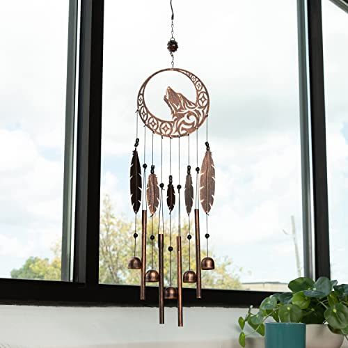 VP Home 27.5" H Rustic Copper Tribal Wolf Dream Catcher Wind Chimes for Outside Unique Dreamcatcher Wolf Windchimes Outdoor Decoration Garden Decor Wolf Wind Chime Gift for Women, Mom, Grandma, Unisex