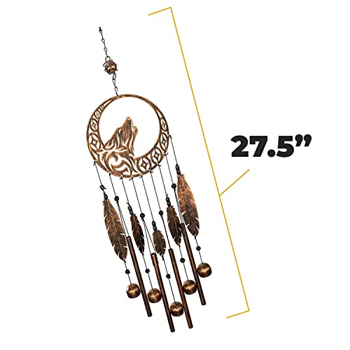 VP Home 27.5" H Rustic Copper Tribal Wolf Dream Catcher Wind Chimes for Outside Unique Dreamcatcher Wolf Windchimes Outdoor Decoration Garden Decor Wolf Wind Chime Gift for Women, Mom, Grandma, Unisex