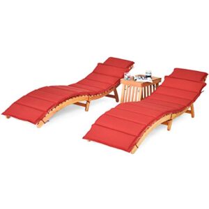 tangkula 3 pcs folding patio solid eucalyptus wood lounge chair set, outdoor lounger chair w/foldable side table, double-sided cushion lounger chairs set for garden lawn backyard(red & white)