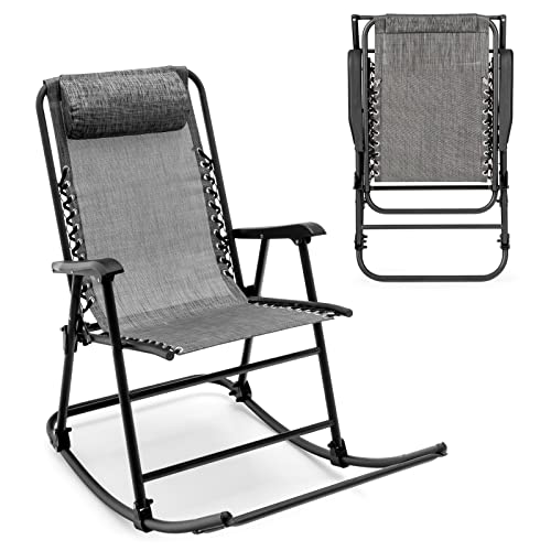 Goplus Folding Rocking Chair, Zero Gravity Rocking Camping Chair with Pillow & Armrests, Folding Lounge Rocker for Outdoor Beach Poolside Yard Garden Indoor