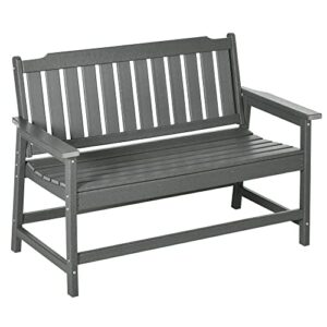 outsunny outdoor bench for two person, waterproof hdpe garden bench with slatted backrest and seat, patio loveseat with armrests for lawn, yard, balcony, porch, dark gray