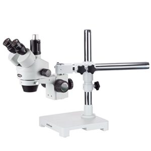 amscope sm-3t professional trinocular stereo zoom microscope, wh10x eyepieces, 7x-45x magnification, 0.7x-4.5x zoom objective, ambient lighting, single-arm boom stand