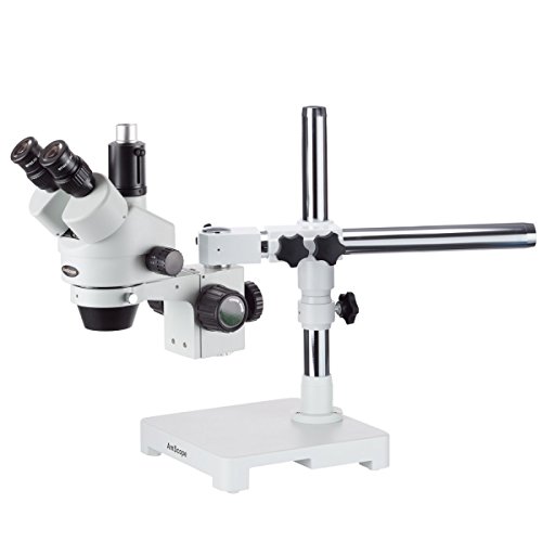 AmScope SM-3T Professional Trinocular Stereo Zoom Microscope, WH10x Eyepieces, 7X-45X Magnification, 0.7X-4.5X Zoom Objective, Ambient Lighting, Single-Arm Boom Stand