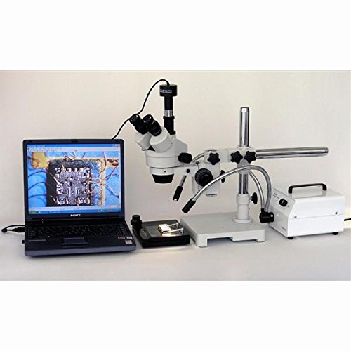 AmScope SM-3T Professional Trinocular Stereo Zoom Microscope, WH10x Eyepieces, 7X-45X Magnification, 0.7X-4.5X Zoom Objective, Ambient Lighting, Single-Arm Boom Stand