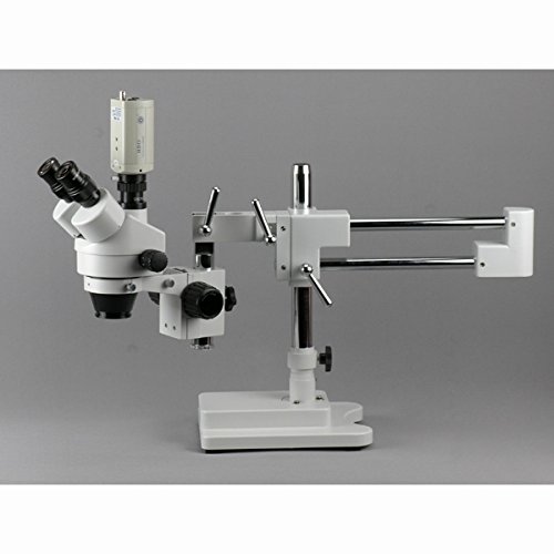 AmScope SM-3T Professional Trinocular Stereo Zoom Microscope, WH10x Eyepieces, 7X-45X Magnification, 0.7X-4.5X Zoom Objective, Ambient Lighting, Single-Arm Boom Stand