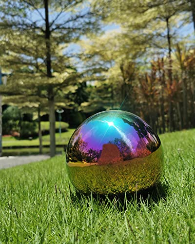 Pangmao Rainbow Gazing Globe Mirror Ball in Stainless Steel, Shiny Hollow Sphere Sparkling Housewarming Outdoor Ornament (8 Inch)