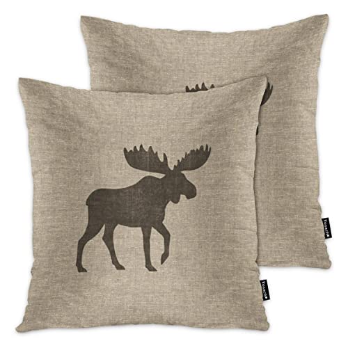 Vosach Moose Outdoor Indoor Pillow Covers, Animal Moose Burlap Cabin Home Decorative Throw Pillow Case Cushion Cover for Sofa/Bed/Patio/Garden/Balcony, 18x18 Inch, 2Pcs, Brown