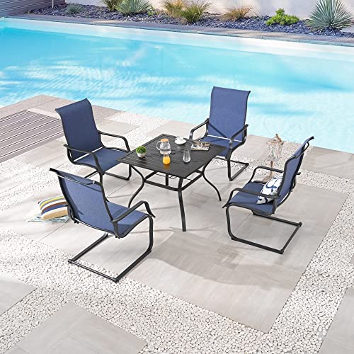 LOKATSE HOME Patio Dining Set 5 Pieces C Spring Outdoor Furniture for 4 Textilene Chairs with 1 Square Umbrella Table for Lawn Garden Porch, Blue