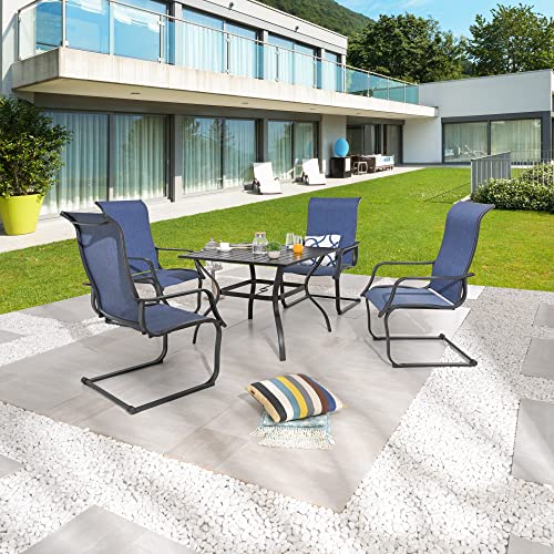 LOKATSE HOME Patio Dining Set 5 Pieces C Spring Outdoor Furniture for 4 Textilene Chairs with 1 Square Umbrella Table for Lawn Garden Porch, Blue