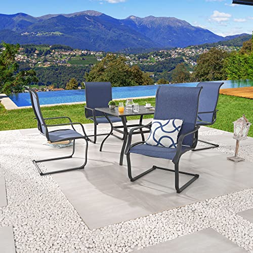 LOKATSE HOME Patio Dining Set 5 Pieces C Spring Outdoor Furniture for 4 Textilene Chairs with 1 Square Umbrella Table for Lawn Garden Porch, Blue