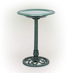 alpine corporation 28″ tall outdoor birdbath with scrollwork decoration yard statue, green