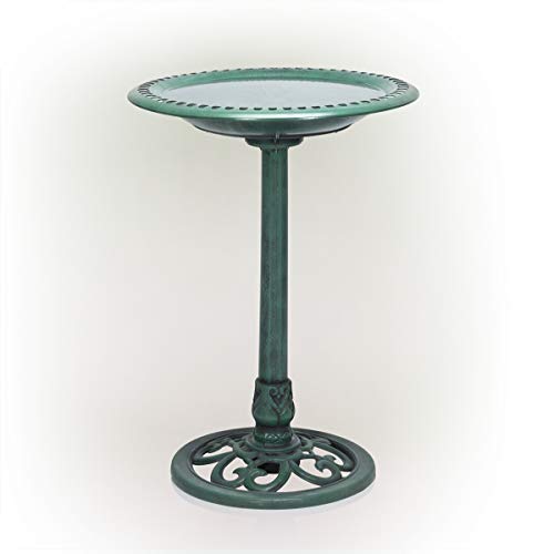 Alpine Corporation 28" Tall Outdoor Birdbath with Scrollwork Decoration Yard Statue, Green