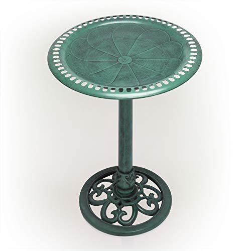 Alpine Corporation 28" Tall Outdoor Birdbath with Scrollwork Decoration Yard Statue, Green