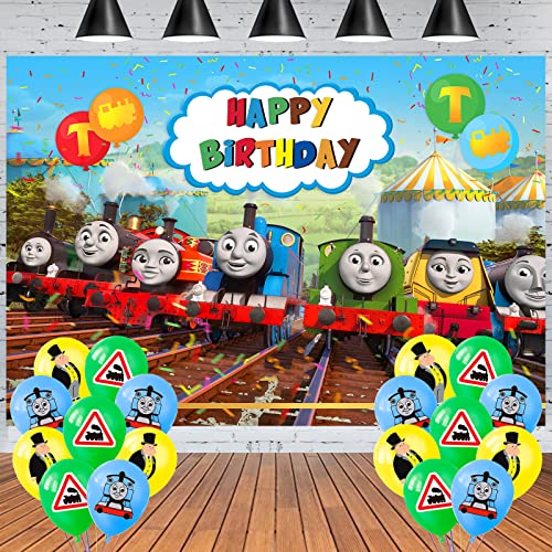 Thomas Train Friends Birthday Party Decoration, Thomas Party Photo Background 5 x 3 FT and 24Pcs Train Balloon, Thomas Train Friends Party Backdrop Supplies for Boy, Girls and Baby Shower