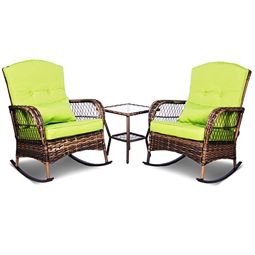 ENSTVER 3 Pieces Patio Conversation Set w/ 2 Rattan Wicker Rocking Chairs and Glass Table,for Garden Backyard Lown Porch (Green)