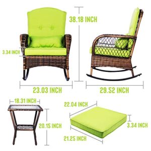 ENSTVER 3 Pieces Patio Conversation Set w/ 2 Rattan Wicker Rocking Chairs and Glass Table,for Garden Backyard Lown Porch (Green)