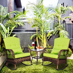 ENSTVER 3 Pieces Patio Conversation Set w/ 2 Rattan Wicker Rocking Chairs and Glass Table,for Garden Backyard Lown Porch (Green)