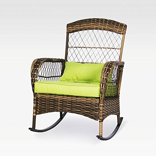 ENSTVER 3 Pieces Patio Conversation Set w/ 2 Rattan Wicker Rocking Chairs and Glass Table,for Garden Backyard Lown Porch (Green)