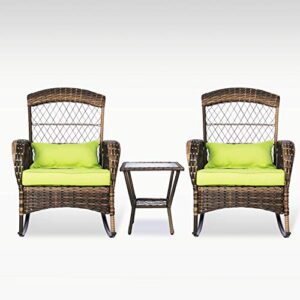 ENSTVER 3 Pieces Patio Conversation Set w/ 2 Rattan Wicker Rocking Chairs and Glass Table,for Garden Backyard Lown Porch (Green)