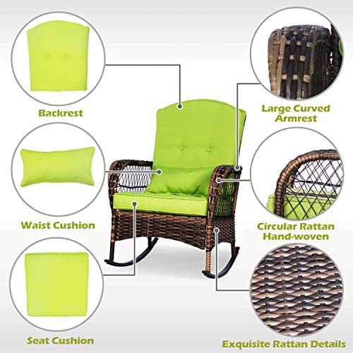 ENSTVER 3 Pieces Patio Conversation Set w/ 2 Rattan Wicker Rocking Chairs and Glass Table,for Garden Backyard Lown Porch (Green)