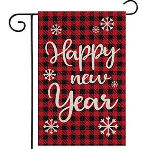 zyp happy new year burlap garden flag, double sided 12.5 x18.5 inch decorative red plaid new year christmas winter garden yard banner flag lawn outdoor decoration