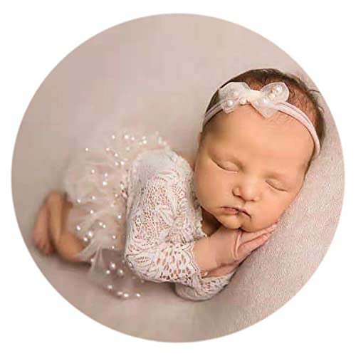 Zeroest Newborn Photography Outfits Girl Lace Romper Newborn Photography Props Rompers Baby Girls Skirt Photoshoot 3PCS (White-Long Sleeve)