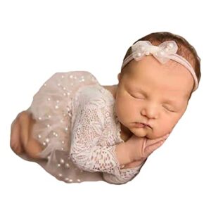 Zeroest Newborn Photography Outfits Girl Lace Romper Newborn Photography Props Rompers Baby Girls Skirt Photoshoot 3PCS (White-Long Sleeve)