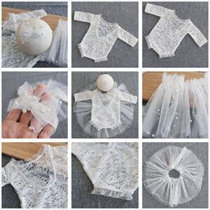 Zeroest Newborn Photography Outfits Girl Lace Romper Newborn Photography Props Rompers Baby Girls Skirt Photoshoot 3PCS (White-Long Sleeve)