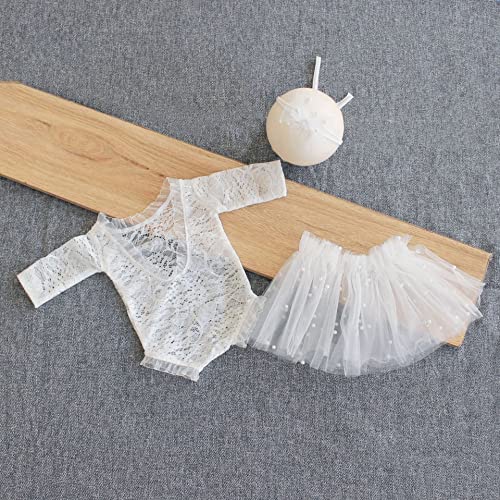 Zeroest Newborn Photography Outfits Girl Lace Romper Newborn Photography Props Rompers Baby Girls Skirt Photoshoot 3PCS (White-Long Sleeve)