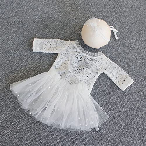 Zeroest Newborn Photography Outfits Girl Lace Romper Newborn Photography Props Rompers Baby Girls Skirt Photoshoot 3PCS (White-Long Sleeve)