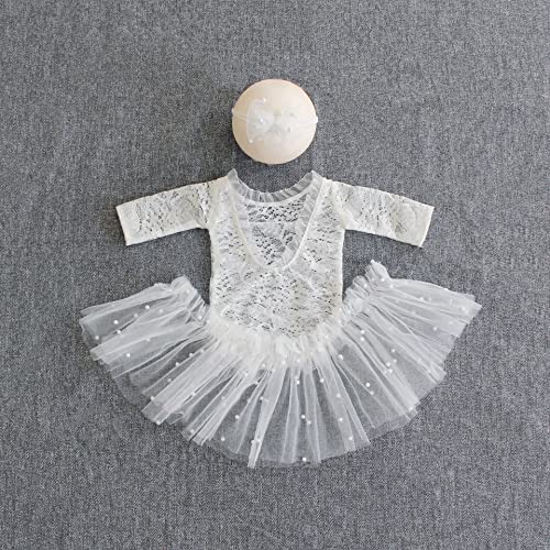 Zeroest Newborn Photography Outfits Girl Lace Romper Newborn Photography Props Rompers Baby Girls Skirt Photoshoot 3PCS (White-Long Sleeve)