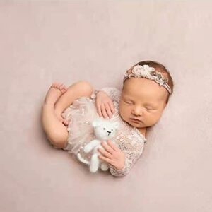 Zeroest Newborn Photography Outfits Girl Lace Romper Newborn Photography Props Rompers Baby Girls Skirt Photoshoot 3PCS (White-Long Sleeve)