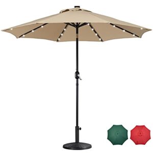 yaheetech 9ft led garden table umbrella with base outdoor solar powered market umbrella with 8 sturdy ribs, heavy duty umbrella stand included, tan