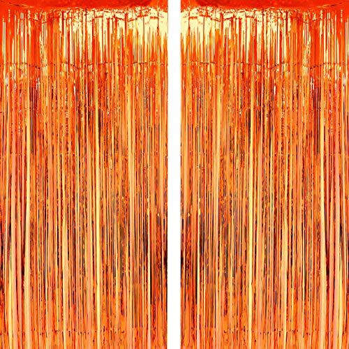 Orange Party Tinsel Foil Fringe Curtains - Fall Thanksgiving Carnival Halloween Construction 1st Birthday Graduation Wedding Party Photo Booth Props Backdrops Decorations