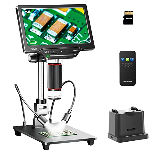 TOMLOV DM201 Max Digital Microscope, 25MP HDMI Microscope with 7 inch IPS Screen, Bottom Transmitted Light, Entire Coin Microscope,Soldering Microscope, 10" Stand, PC/TV Compatible, 32GB