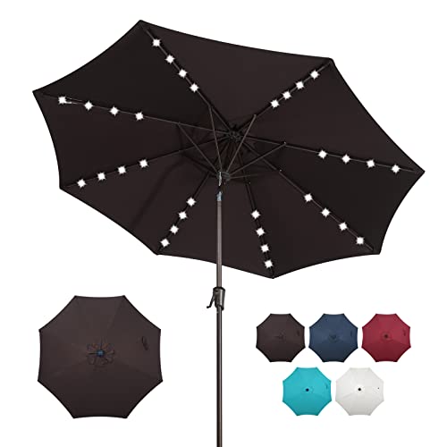 Verano Garden Patio Umbrella 9ft Solar Led Lighted Outdoor Table Market Umbrella with Push Button Tilt & Crank for Patio, Light Brown