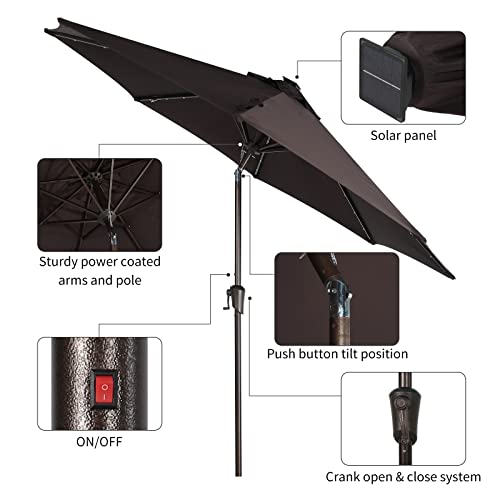 Verano Garden Patio Umbrella 9ft Solar Led Lighted Outdoor Table Market Umbrella with Push Button Tilt & Crank for Patio, Light Brown