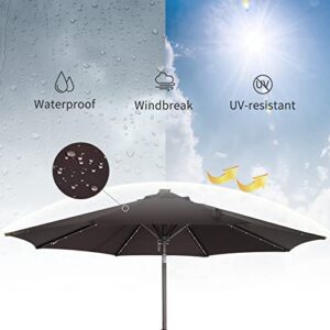 Verano Garden Patio Umbrella 9ft Solar Led Lighted Outdoor Table Market Umbrella with Push Button Tilt & Crank for Patio, Light Brown