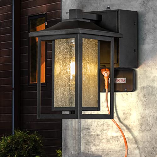 ALOADECOR 1 Light Black Dusk to Dawn Sensor Outdoor Wall Lantern Coach Sconces Light with Seeded Glass and Built-in GFCI Outlets Modern Exterior Light Fixture Wall Mount for Garden W 6.3 inch