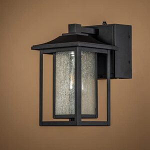 ALOADECOR 1 Light Black Dusk to Dawn Sensor Outdoor Wall Lantern Coach Sconces Light with Seeded Glass and Built-in GFCI Outlets Modern Exterior Light Fixture Wall Mount for Garden W 6.3 inch