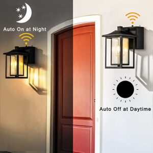 ALOADECOR 1 Light Black Dusk to Dawn Sensor Outdoor Wall Lantern Coach Sconces Light with Seeded Glass and Built-in GFCI Outlets Modern Exterior Light Fixture Wall Mount for Garden W 6.3 inch