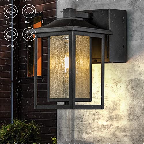 ALOADECOR 1 Light Black Dusk to Dawn Sensor Outdoor Wall Lantern Coach Sconces Light with Seeded Glass and Built-in GFCI Outlets Modern Exterior Light Fixture Wall Mount for Garden W 6.3 inch