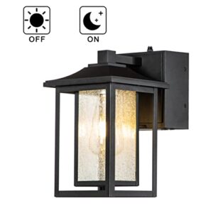 ALOADECOR 1 Light Black Dusk to Dawn Sensor Outdoor Wall Lantern Coach Sconces Light with Seeded Glass and Built-in GFCI Outlets Modern Exterior Light Fixture Wall Mount for Garden W 6.3 inch