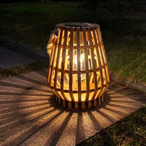 Solar Lantern Outdoor-Bamboo Lamps Patio Waterproof Rattan Solar Lanterns-Natural Auto On Off Lantern Edison Bulb Light with Handle for Hanging Table Yard Garden Wedding Home Decoration