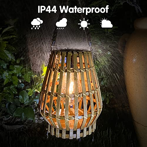 Solar Lantern Outdoor-Bamboo Lamps Patio Waterproof Rattan Solar Lanterns-Natural Auto On Off Lantern Edison Bulb Light with Handle for Hanging Table Yard Garden Wedding Home Decoration