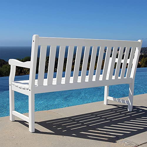 Vifah V1627 Atlantic Painted 5Ft Baltic White Acacia Wooden Bench for 3 Seater in Entry Way, Porch, Balcony, Deck, Garden, Patio, Backyard, Outdoor Seating, 550 lbs Capacity