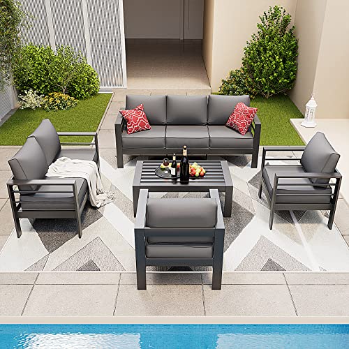 Amopatio Aluminum Patio Furniture Set, 8 Pieces Modern Patio Conversation Sets, Outdoor Sectional Metal Sofa with Cushion and Coffee Table for Balcony, Garden, Dark Grey (Included Waterproof Covers)